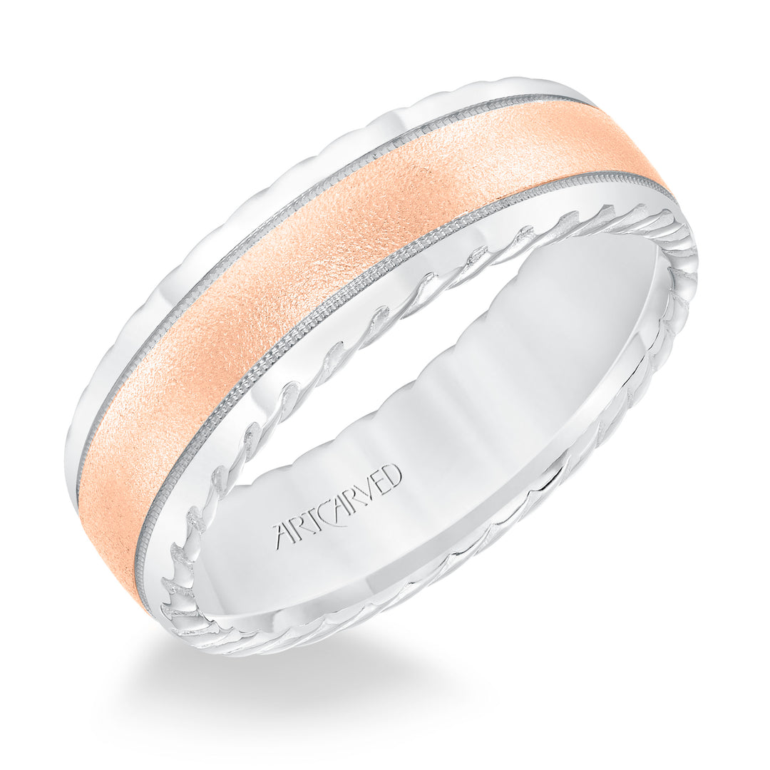 Mens wedding band with soft sand finish and round edge, rope treatment ...
